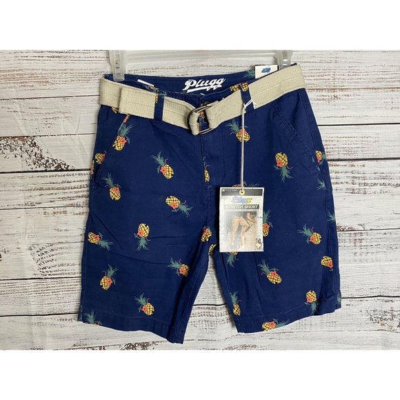 Plugg | Shorts | Plugg Mens Blue Pineapple Shorts With Belt Stretch And ...